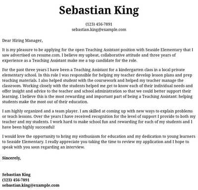 Teacher Assistant Cover Letter Examples