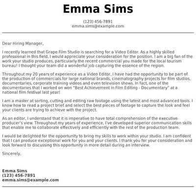 Video Editor Cover Letter