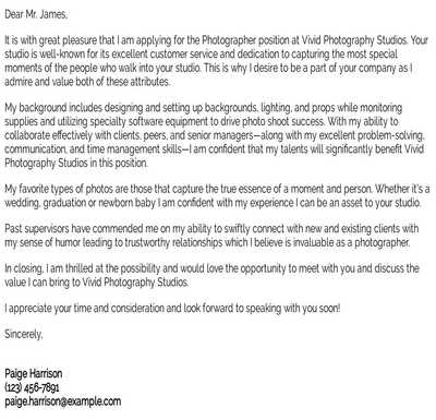 Photography Cover Letter Sample